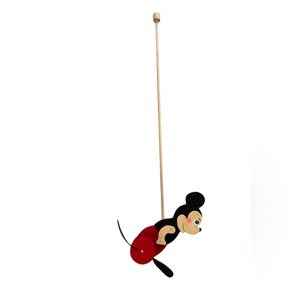 Disney | Toys | Vintage Mickey Mouse Wooden Push Toy New | Poshmark